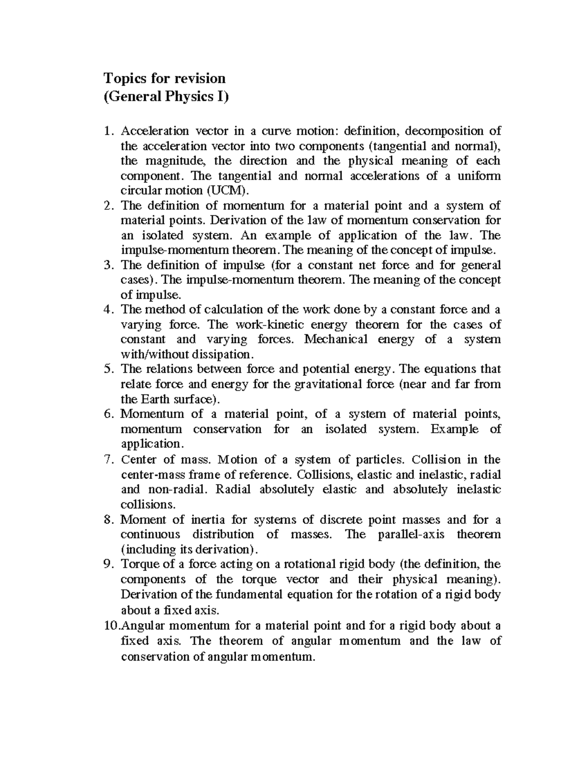 Topics revision Gen Phys I - Topics for revision (General Physics I ...