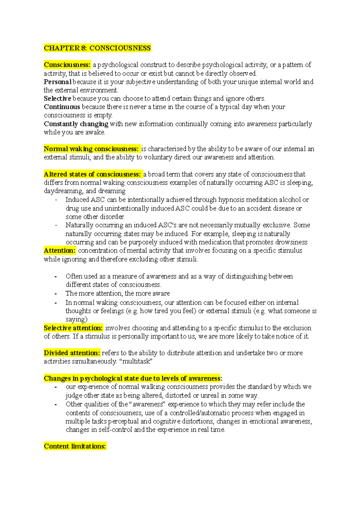 Psych ch.8+9 u4 - Notes for continuum of awareness and consciousness ...