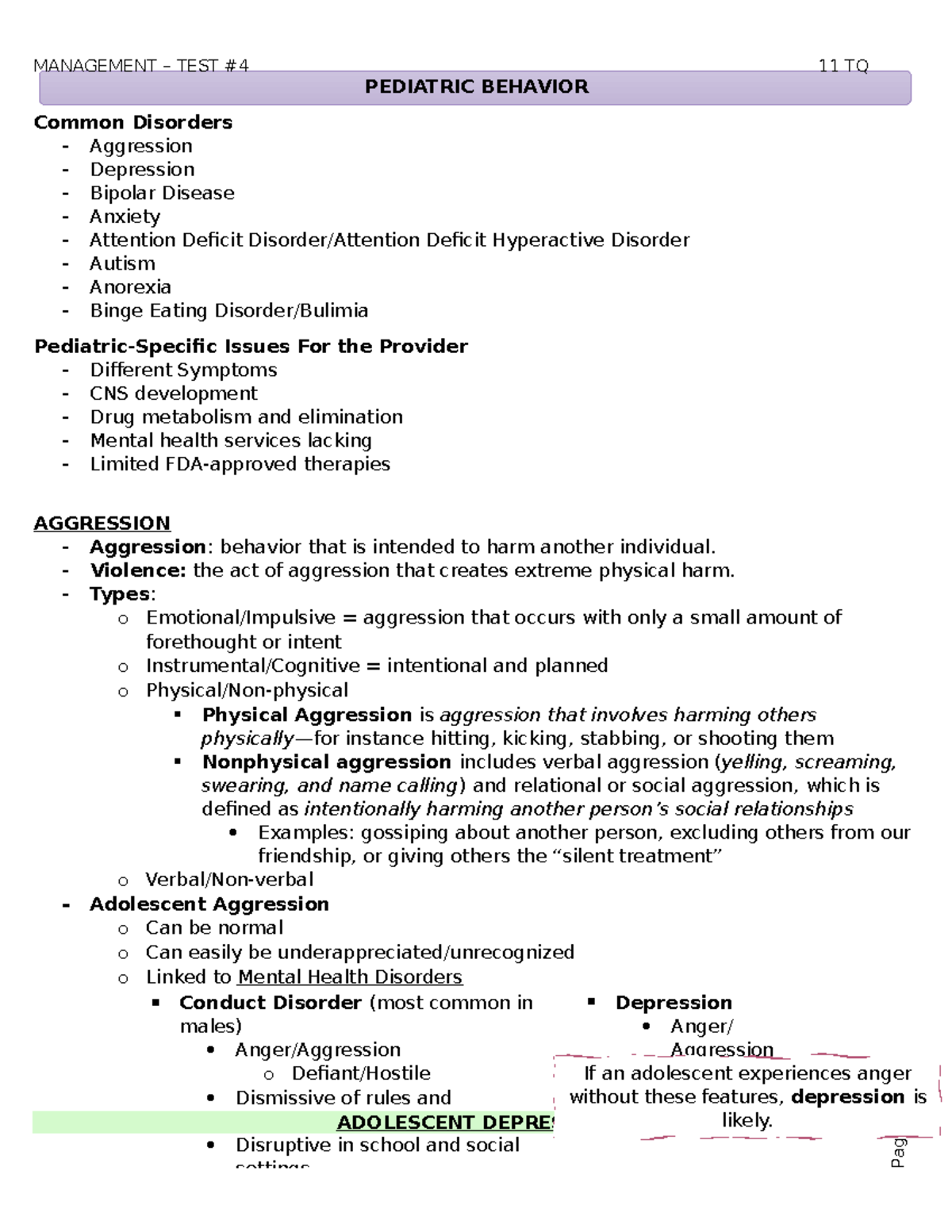 Pediatric Behavior - Depression Anger/ Aggression Conduct Disorder ...