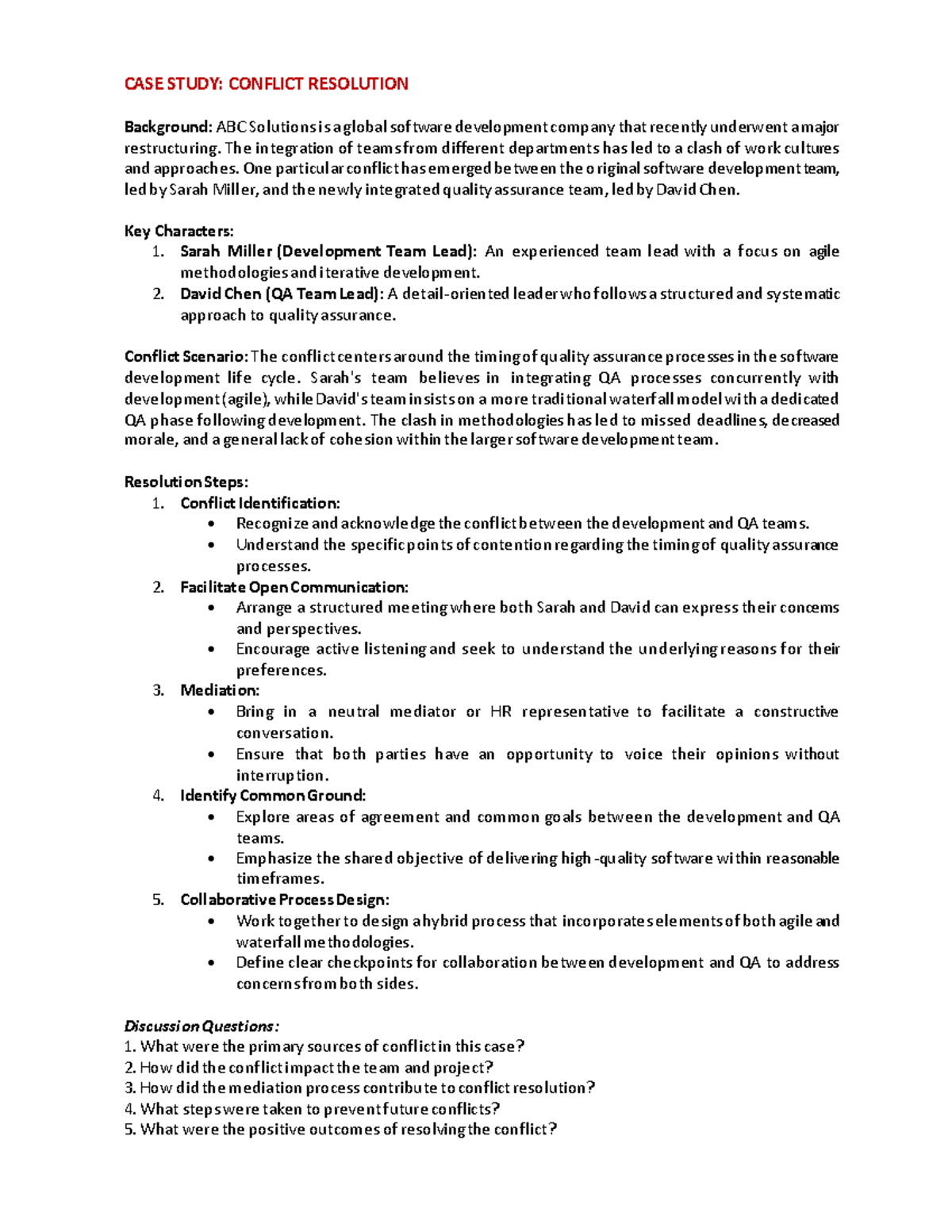 Case to Resolve on Conflict Management - CASE STUDY: CONFLICT ...