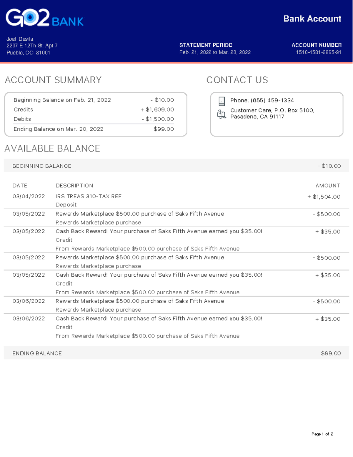 2022-03 - Good use - Bank Account Joel Davila2207 E 12Th St, Apt 7 ...