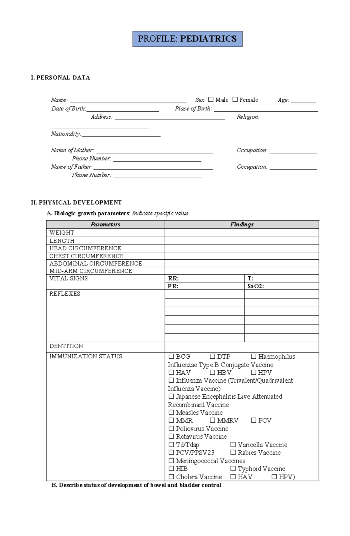Profiling Pediatrics - I. PERSONAL DATA Name ...