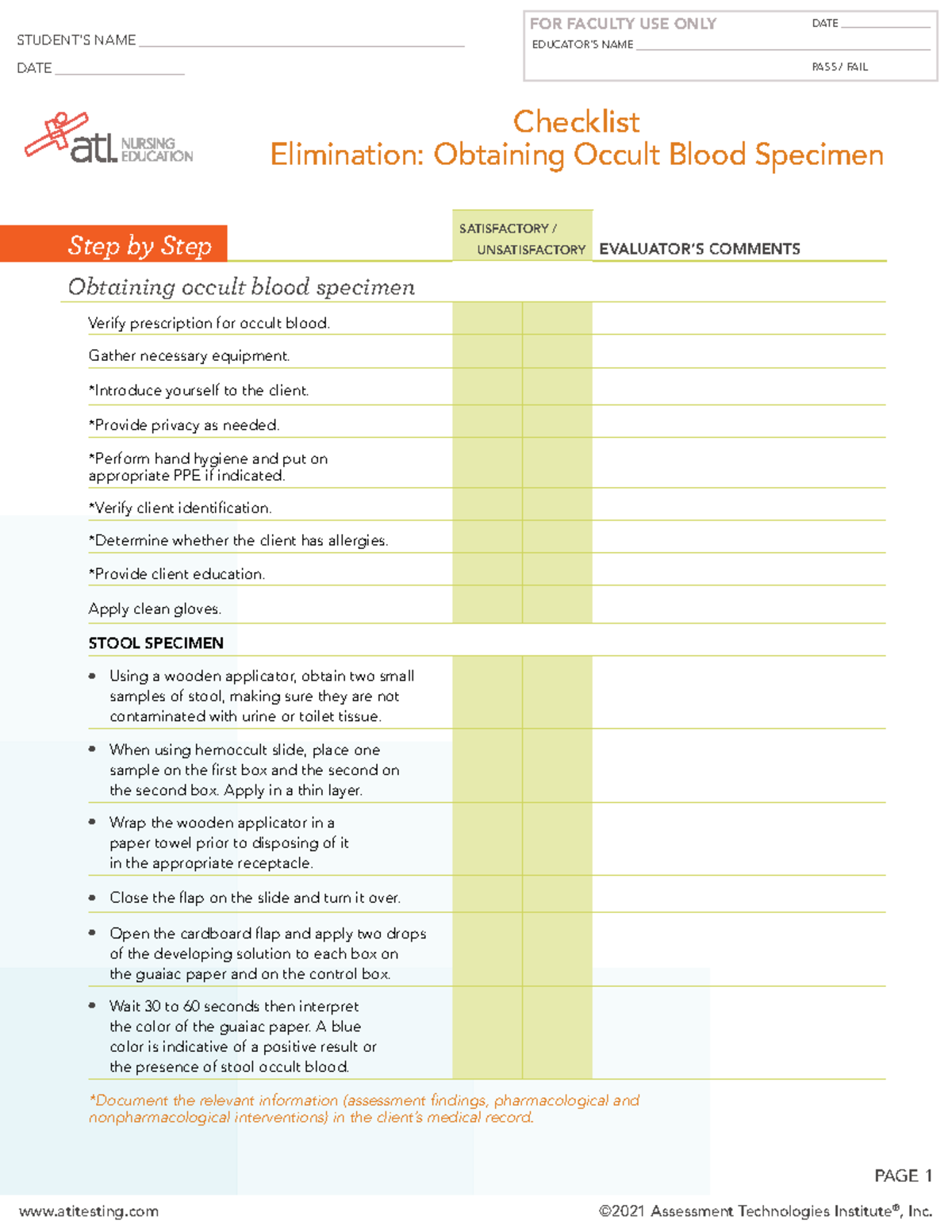 ATI Elimination: Obtaining Occult Blood Specimen checklist - atitesting ...
