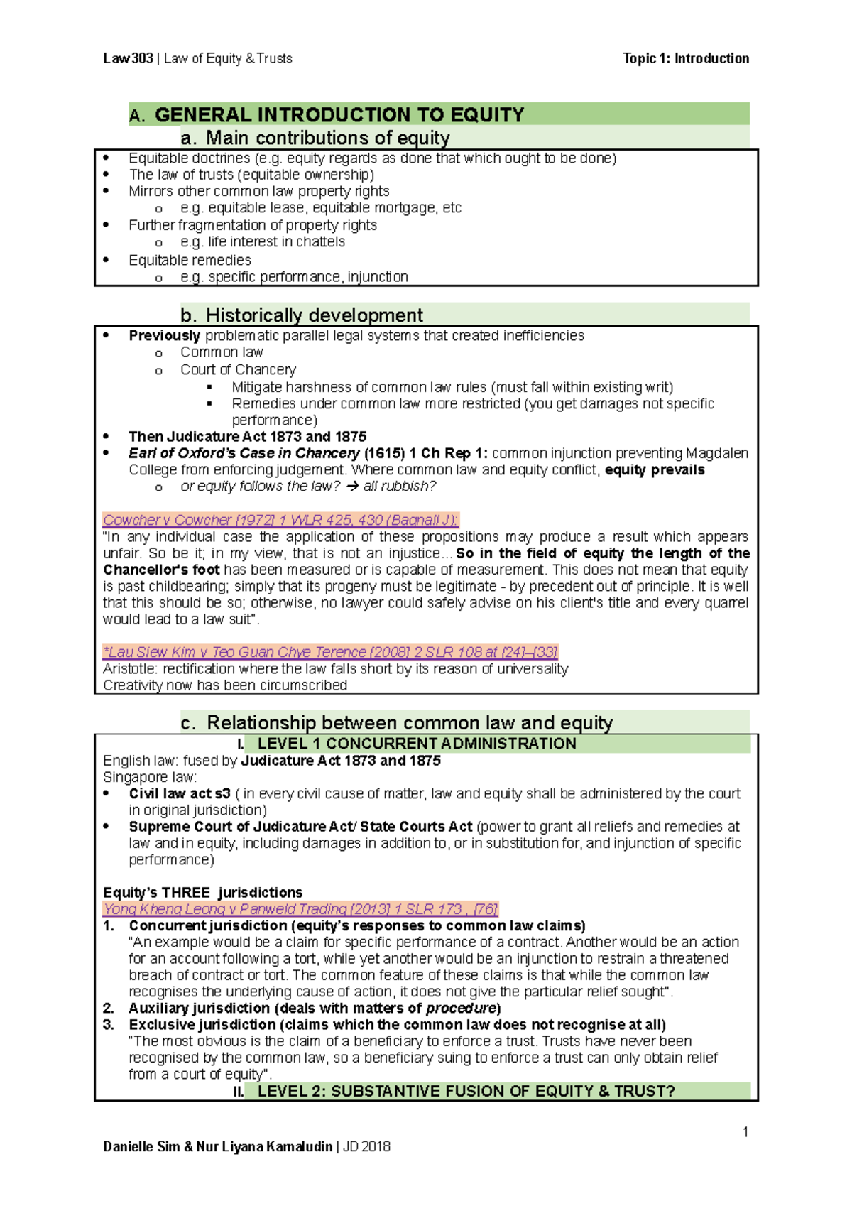 Equity 1 (Intro to Trusts) - A. GENERAL INTRODUCTION TO EQUITY a. Main ...