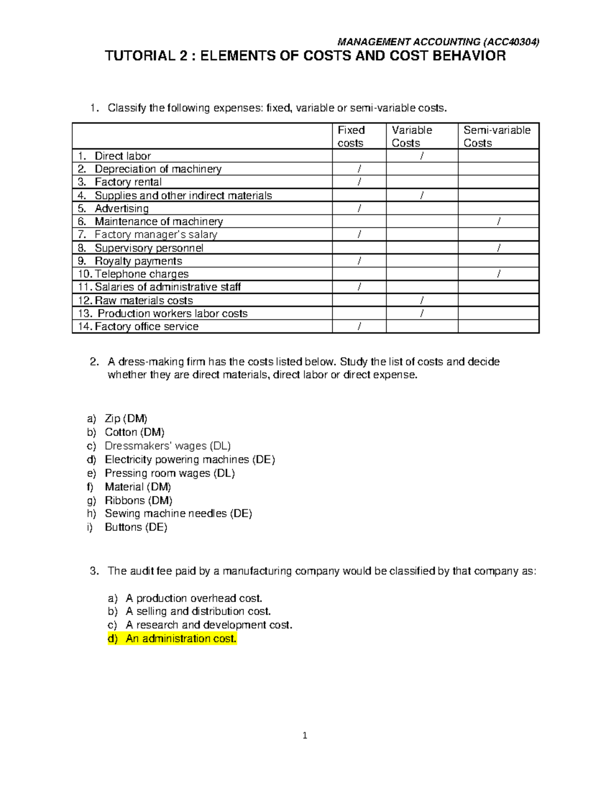Tutorial 2 - Elements OF COST AND COST Behavior (A) - TUTORIAL 2 : ELEMENTS OF COSTS AND COST ...