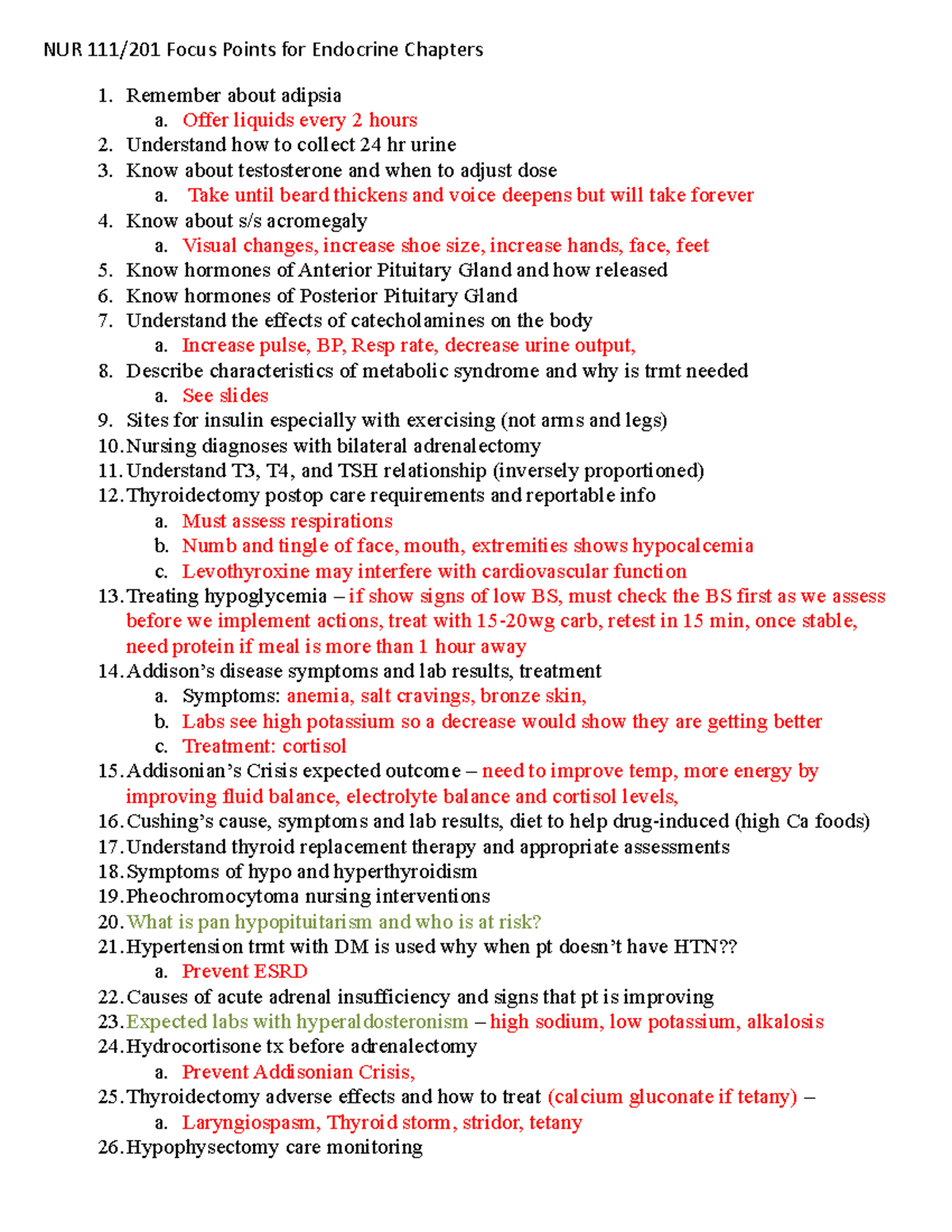 Endocrine Focus Points. Answer Key docx - NUR 111/201 Focus Points for ...
