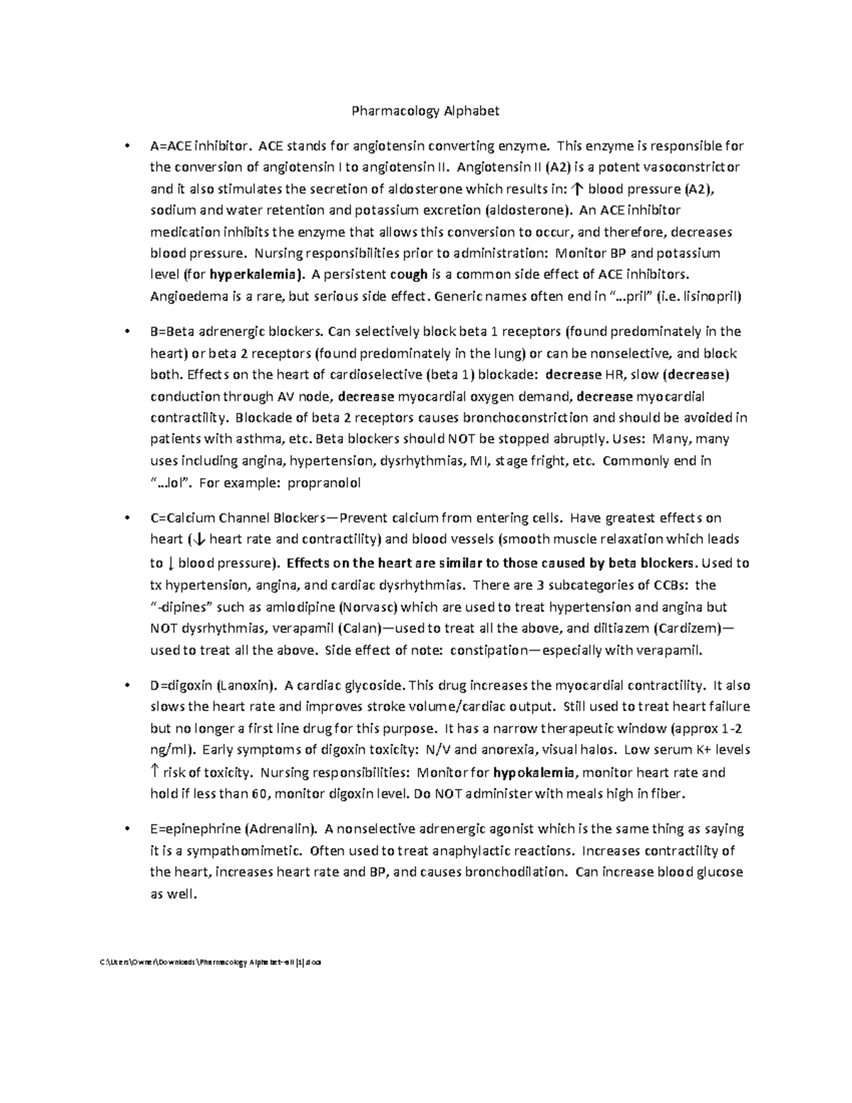 Pharm Alphabet - Pharmacology Alphabet A=ACE inhibitor. ACE stands for ...