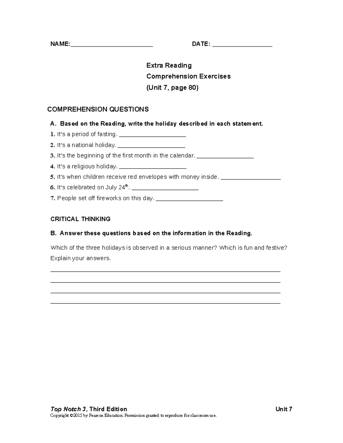 UNIT 7 Reading Comprehension - NAME: DATE: Extra Reading Comprehension ...