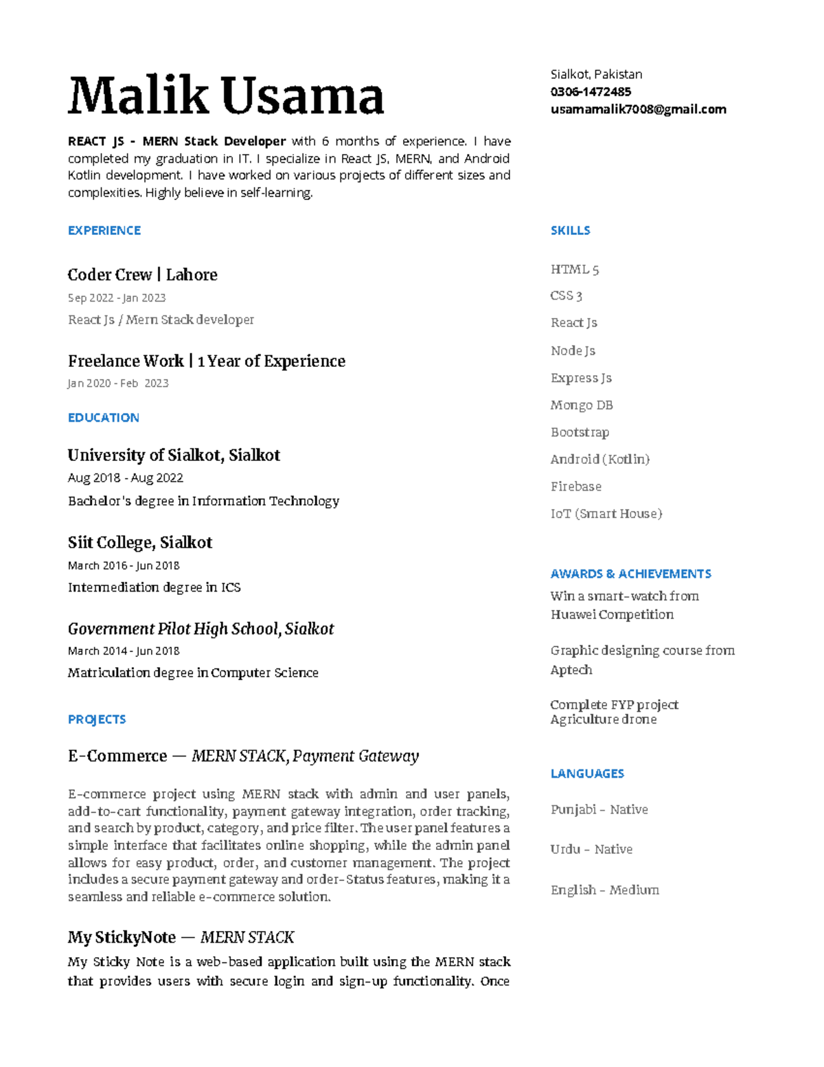 Malik Usama Ashraf Resume Malik Usama React Js Mern Stack Developer With 6 Months Of 
