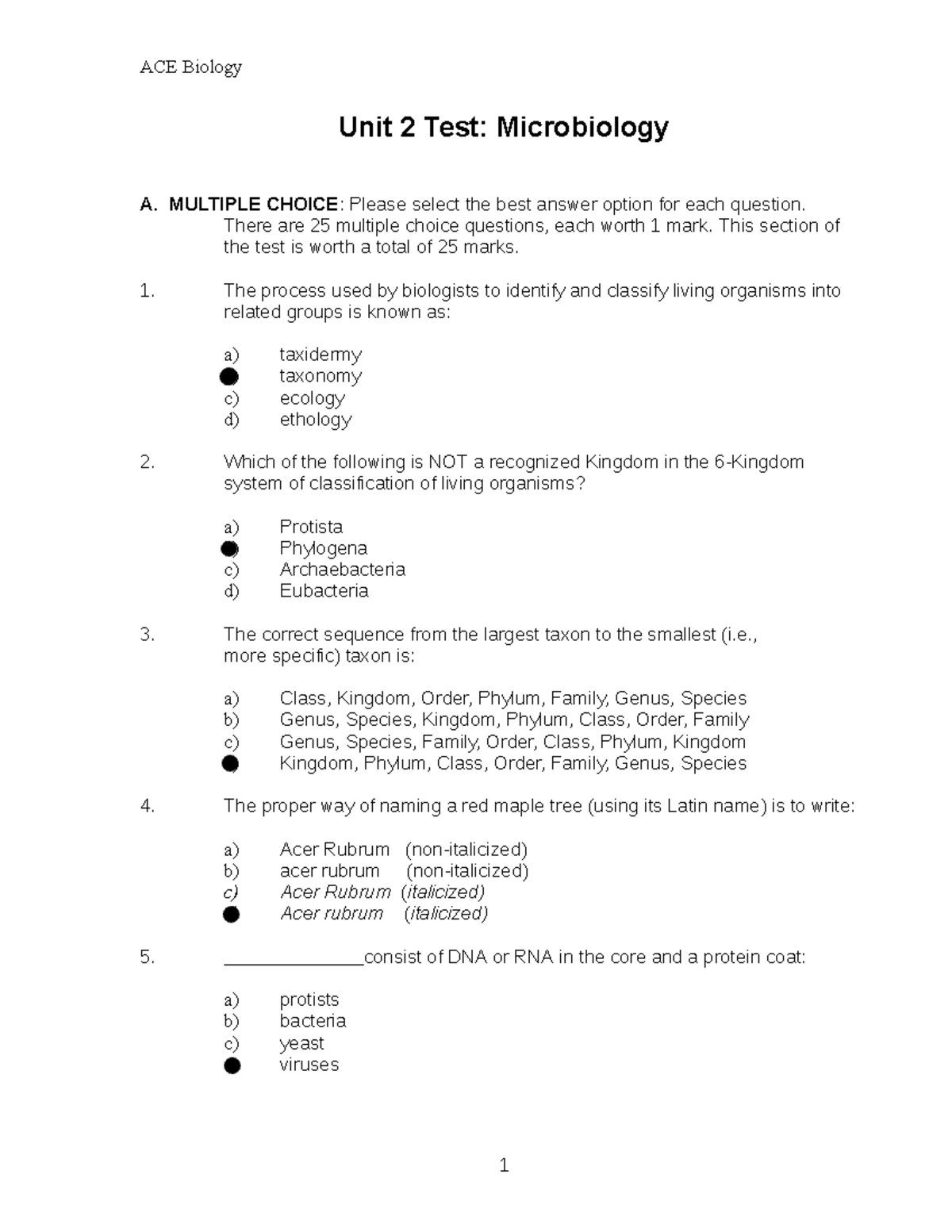 Unit 2 Test - None - ACE Biology 1 Unit 2 Test: Microbiology A ...