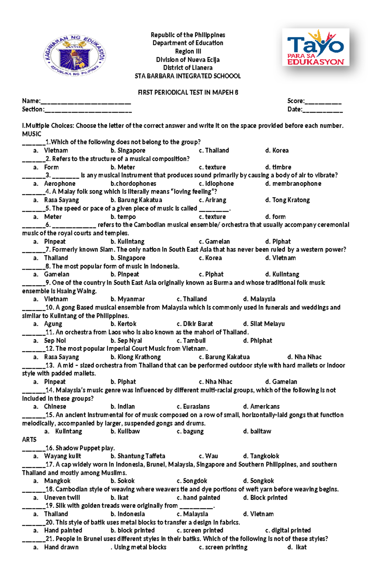 Mapeh 8 - ffrxyhcgjvhkbghljmk, - Republic of the Philippines Department ...