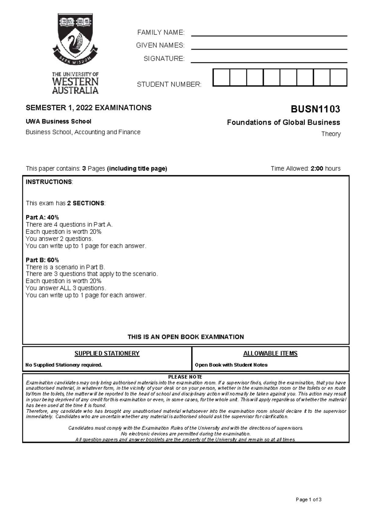 BUSN1103 Sem 1 2022 Final Exam paper - FAMILY NAME: GIVEN NAMES ...