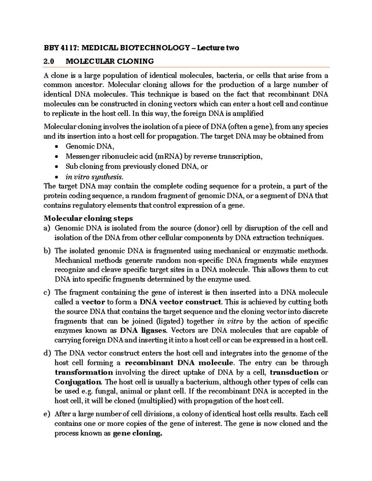BBY 4117 Medical biotechnology - Lecture II-1 - BBY 4117: MEDICAL BIOTECHNOLOGY – Lecture two 2 ...