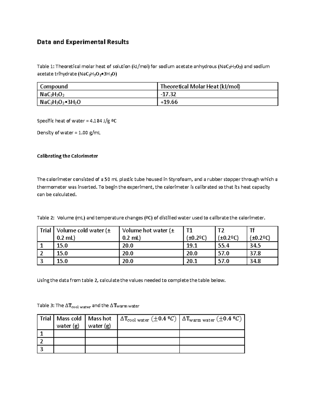 Cal- Data and results (from your TAs) - Data and Experimental Results ...