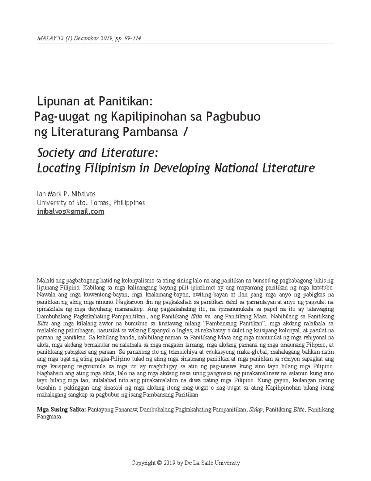 7-Nibalvos-Panitikan - MALAY 32 (1) December 2019, pp. 99- 114 Lipunan at Panitikan: Pag-uugat ...