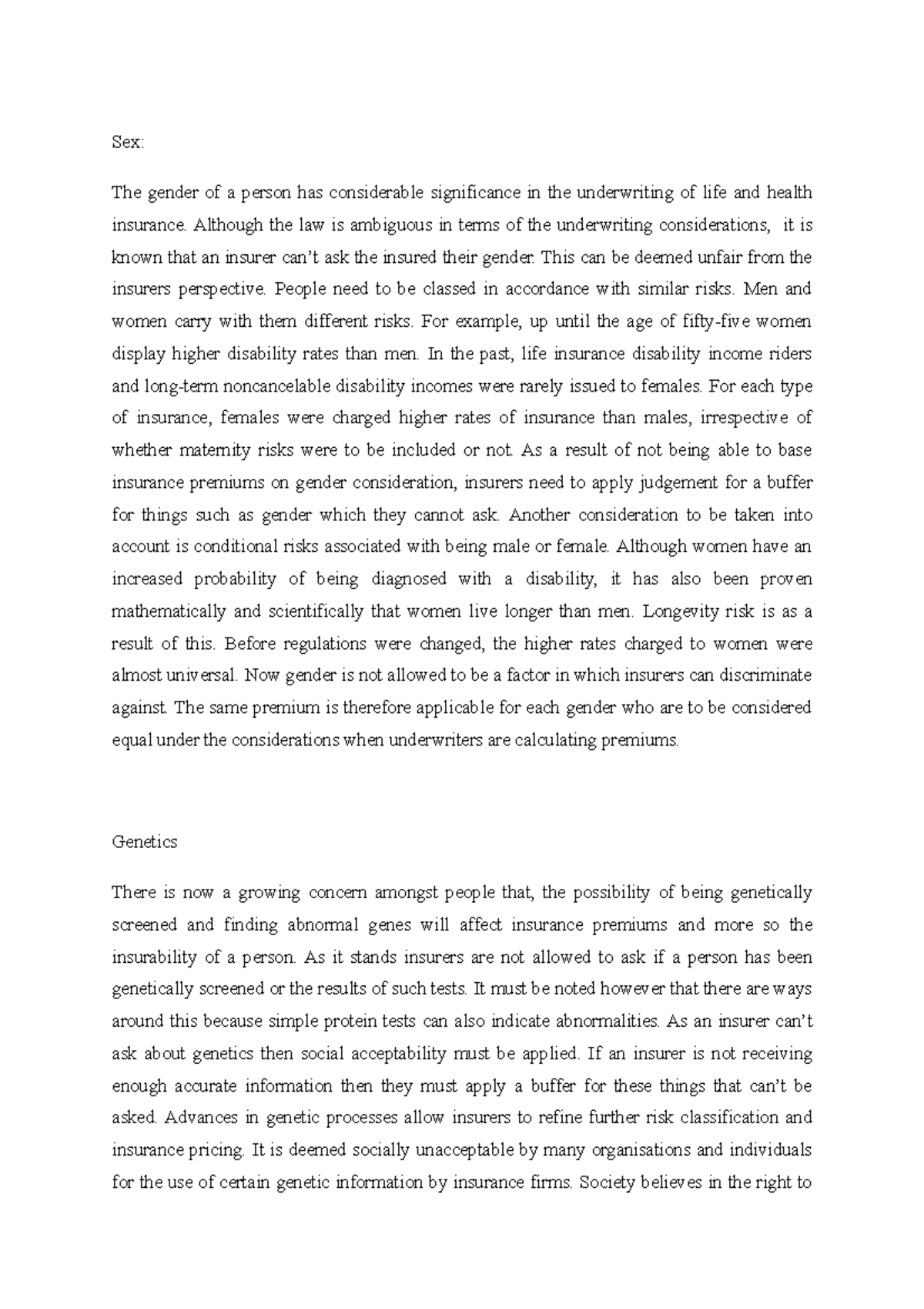 Life insurance essay - Sex: The gender of a person has considerable ...