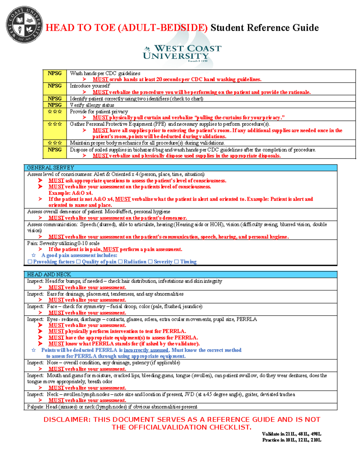 notes and practice review - HEAD TO TOE (ADULT-BEDSIDE) Student ...