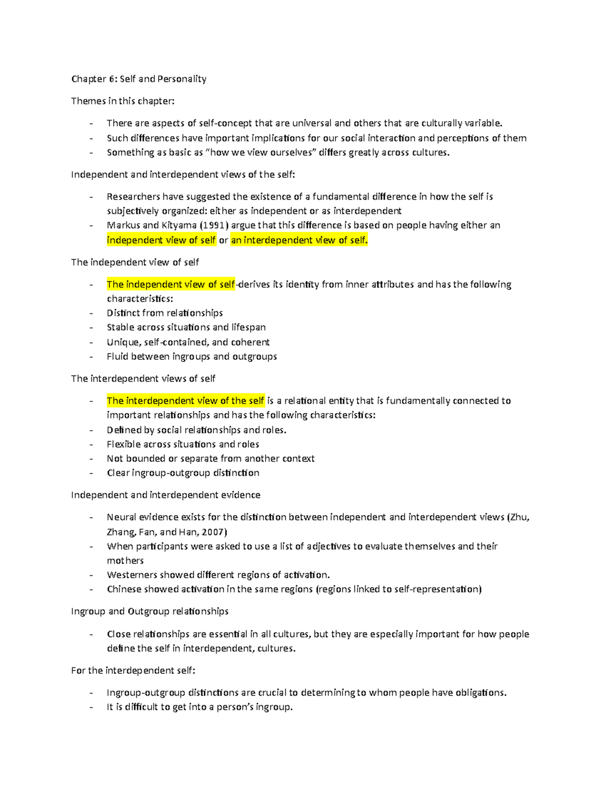 Cross culture notes PT - Chapter 6: Self and Personality Themes in this ...