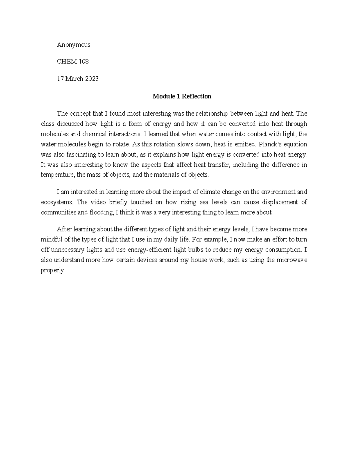 CHEM 108 Weekly Reflection 1 - Anonymous CHEM 108 17 March 2023 Module 1 Reflection The concept ...