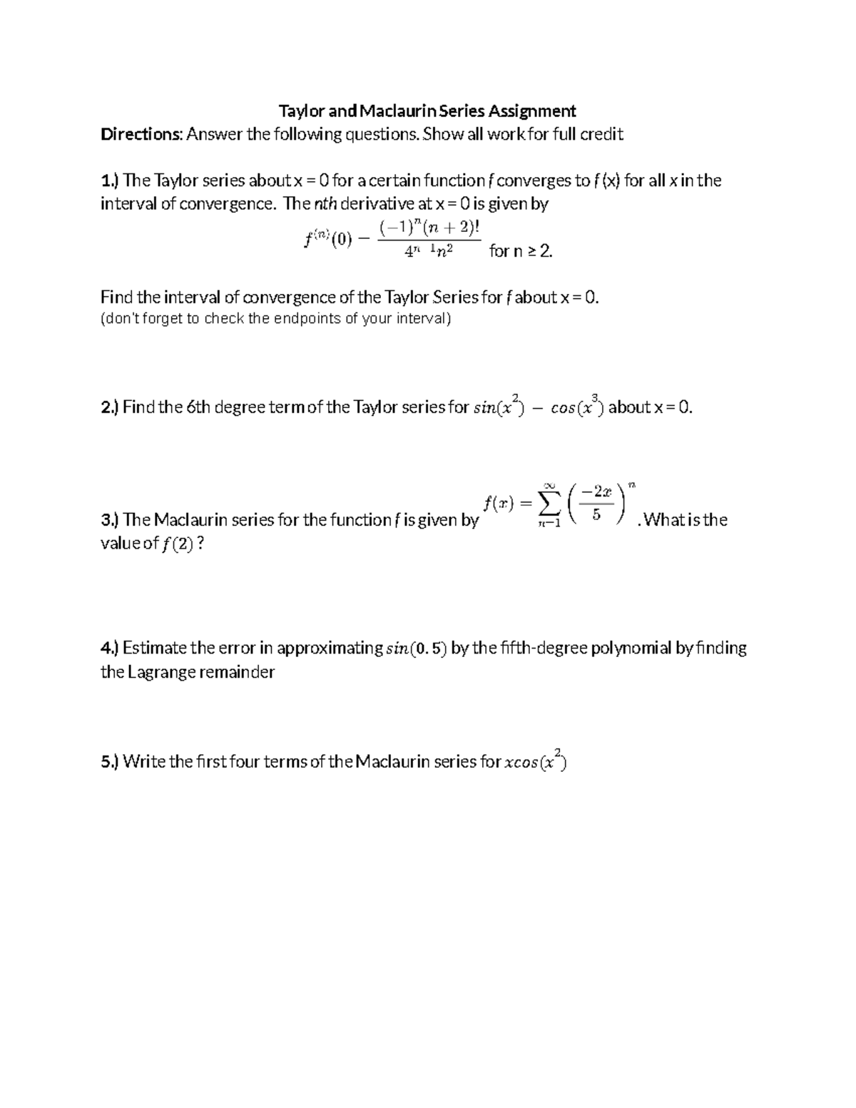 Version #1 - Important practice for quiz in class - Taylor and ...