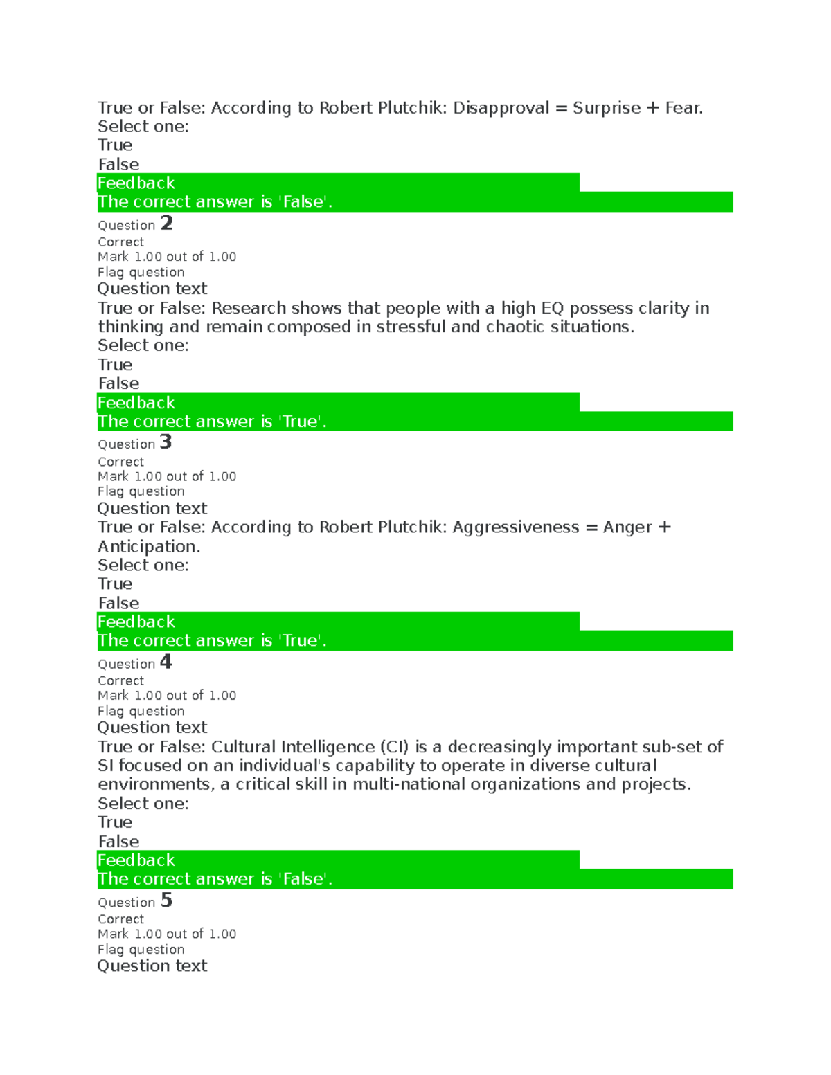 PSYC 1205 Quiz:Final Prep - True or False: According to Robert Plutchik ...