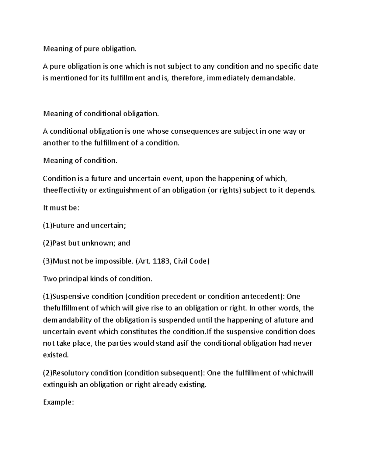 LOC3 - Notes - Meaning of pure obligation. A pure obligation is one ...