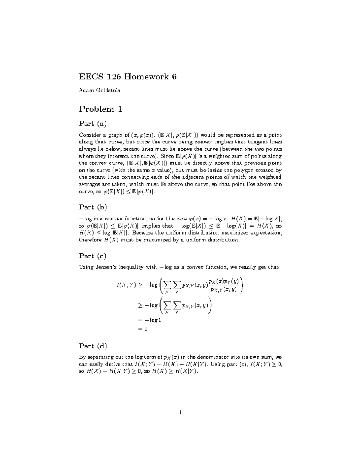 6 - Homework - EECS 126 Homework 6 Adam Goldstein Problem 1 Part (a) Consider a graph of (x, φ(x ...