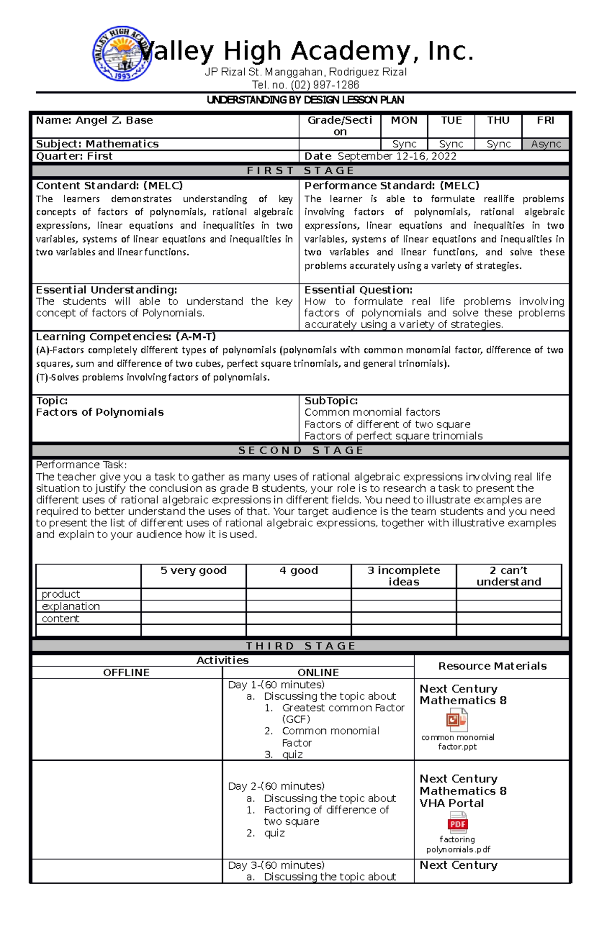 LP-math 8 week 1) - lesson plan - Valley High Academy, Inc. JP Rizal St ...