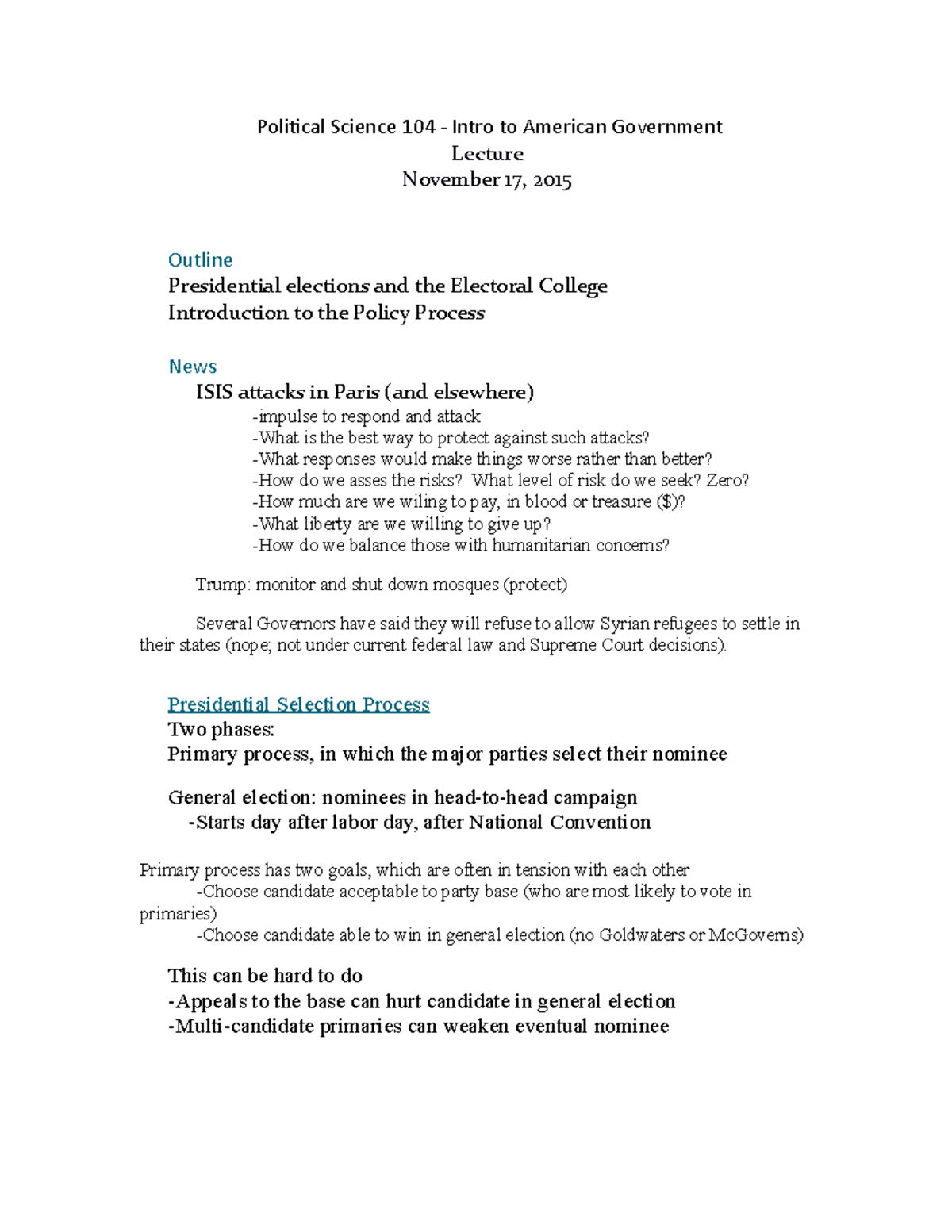 Lecture+Outline+November+17 - Political Science 104 - Intro to American ...