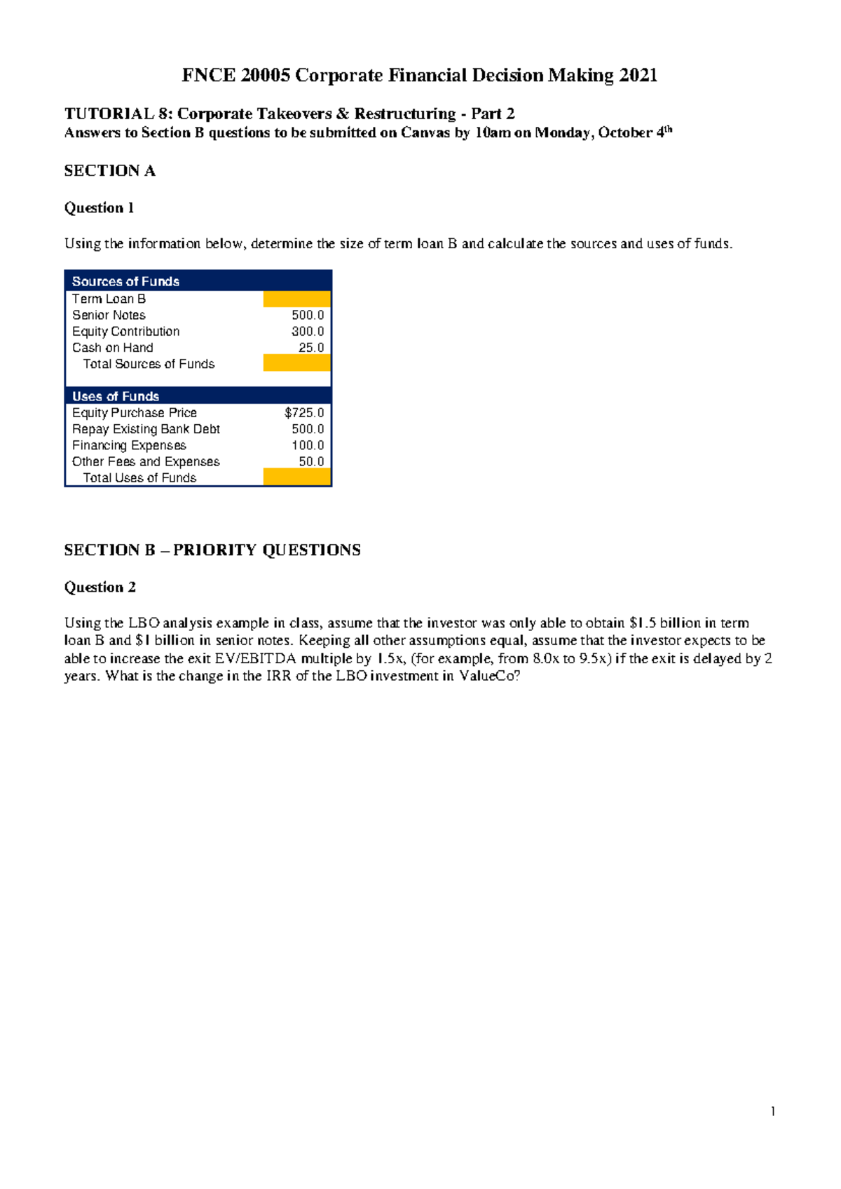 2021 s2 Topic 8 - Tutorial Questions - 1 FNCE 20005 Corporate Financial ...