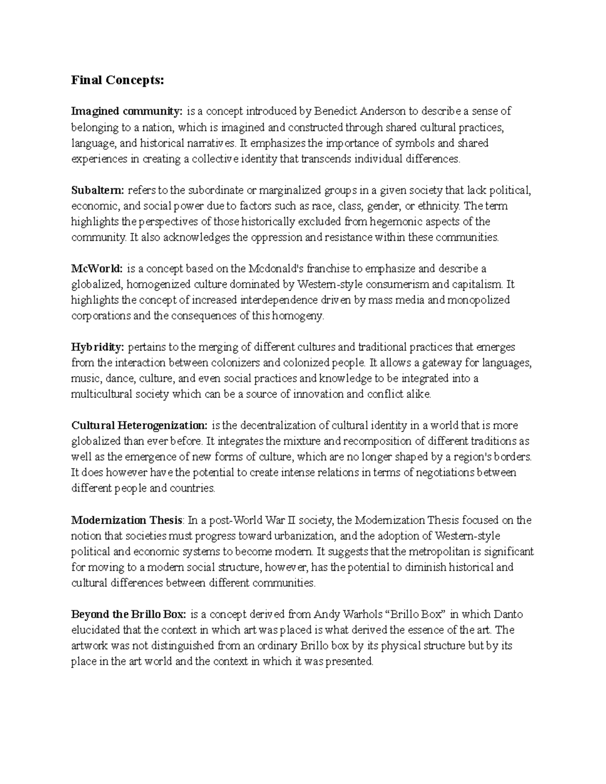 Global Studies Concepts - Final Concepts: Imagined community: is a ...