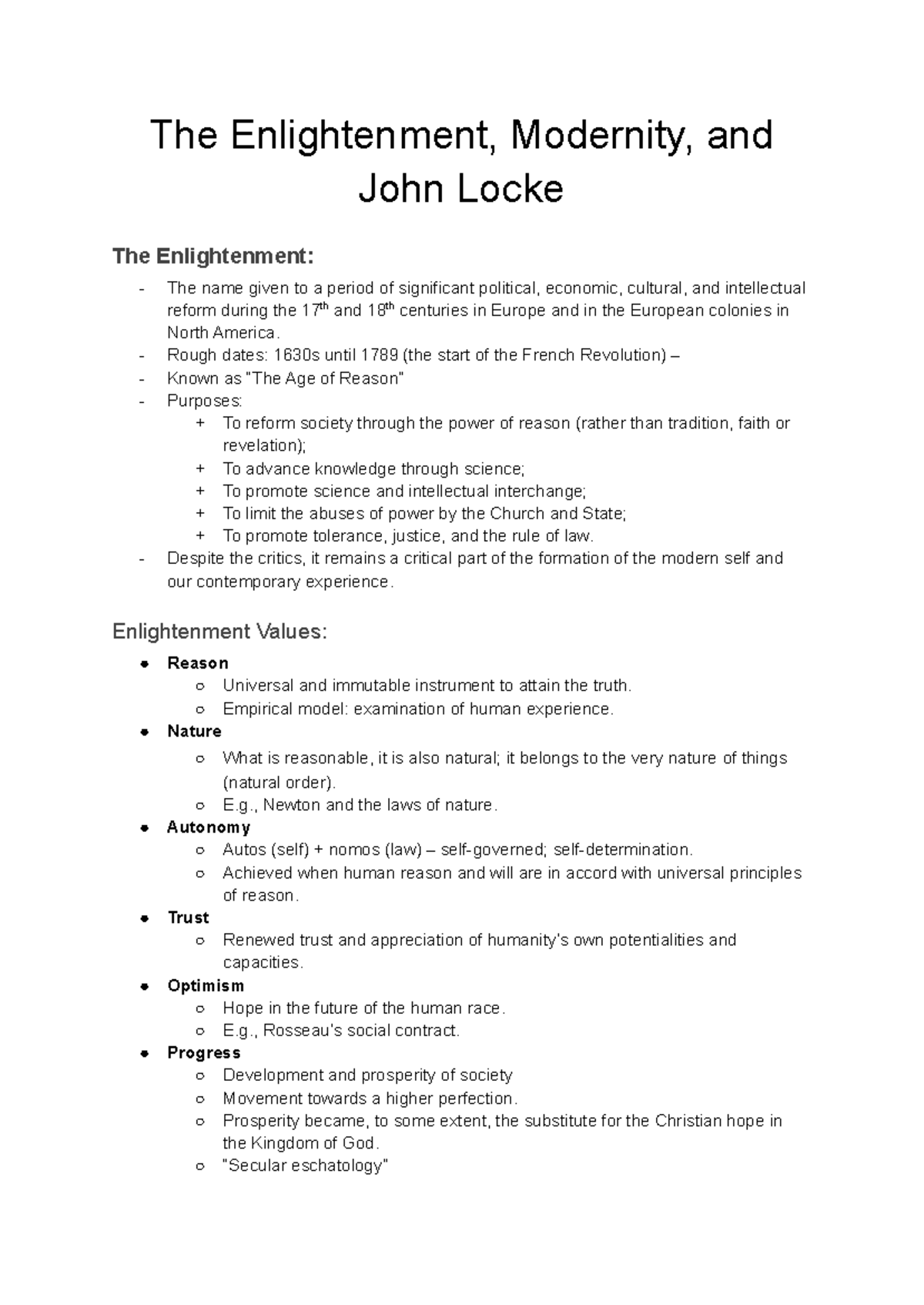 Religion and Science - The Enlightenment, Modernity, and John Locke The ...