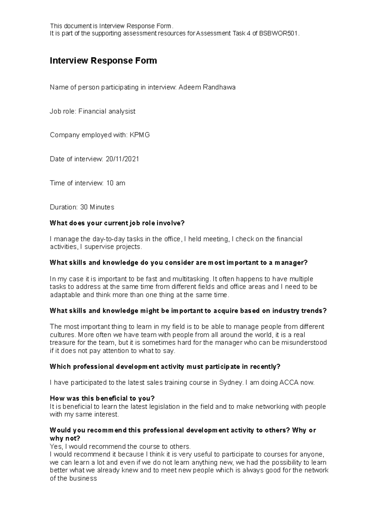 Interview Response Form 2 - It is part of the supporting assessment ...