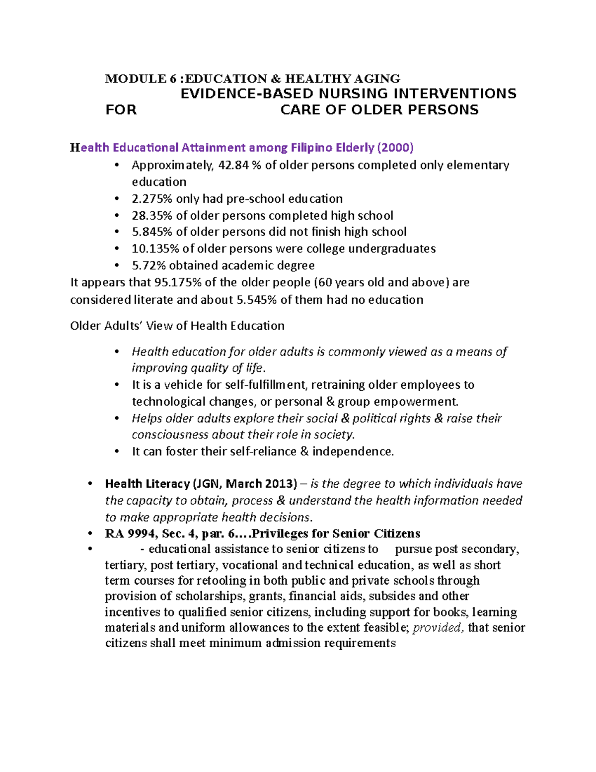 NCM114a Module 6 EDUC. & Healty Aging; Evidenced Based - MODULE 6 ...