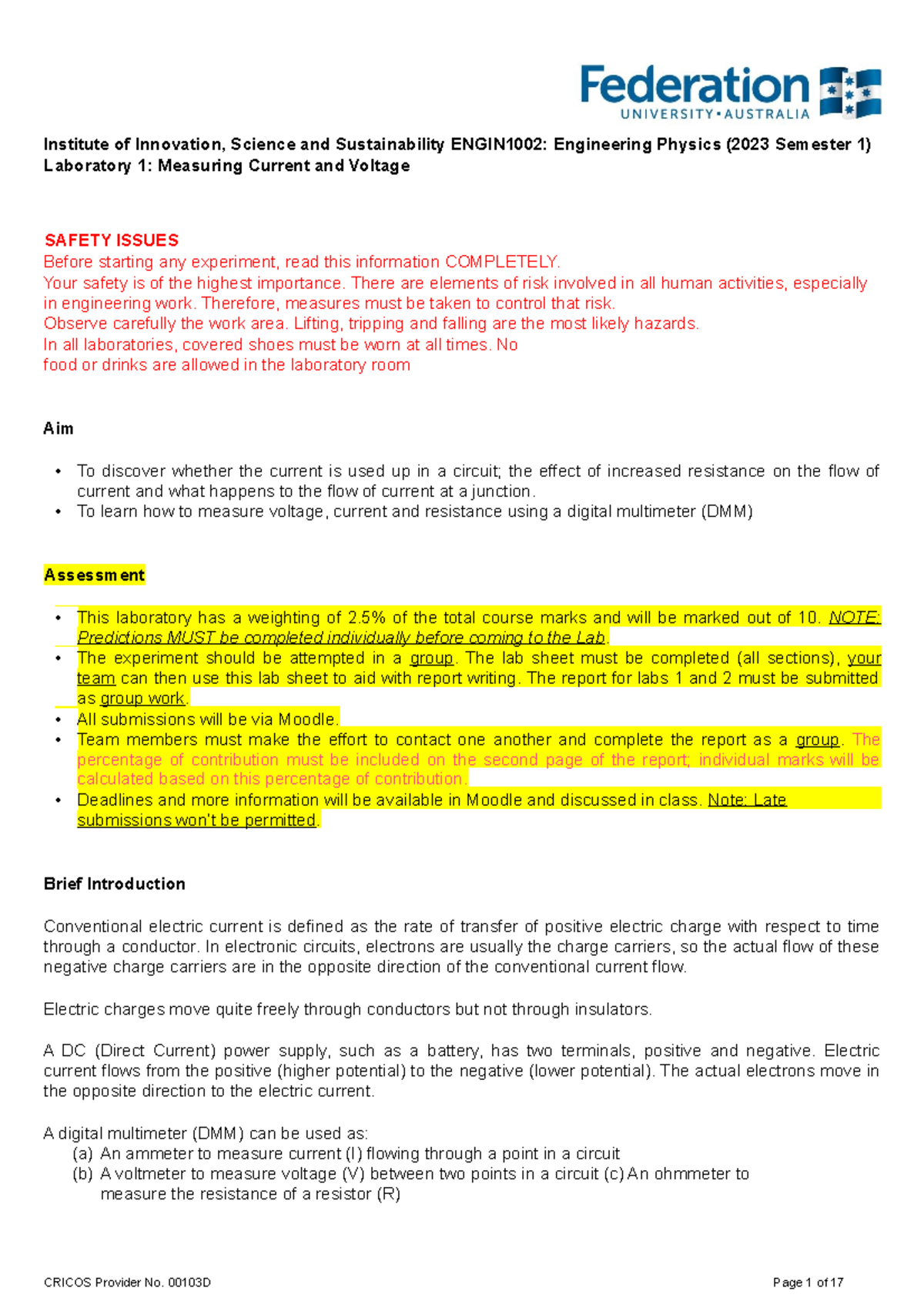 ENGIN1002 - Lab 1 - Lab1 - Institute of Innovation, Science and ...