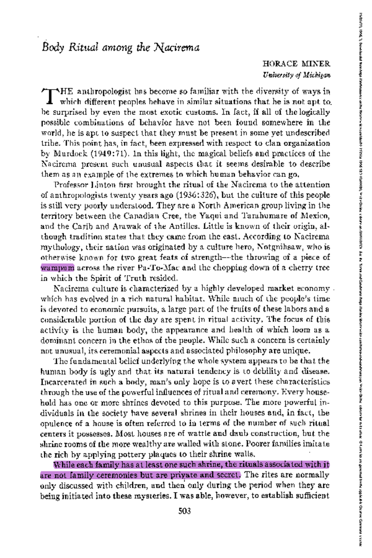 Body Ritual among the Nacirema - Body Ritual among the Nacirema HORACE ...