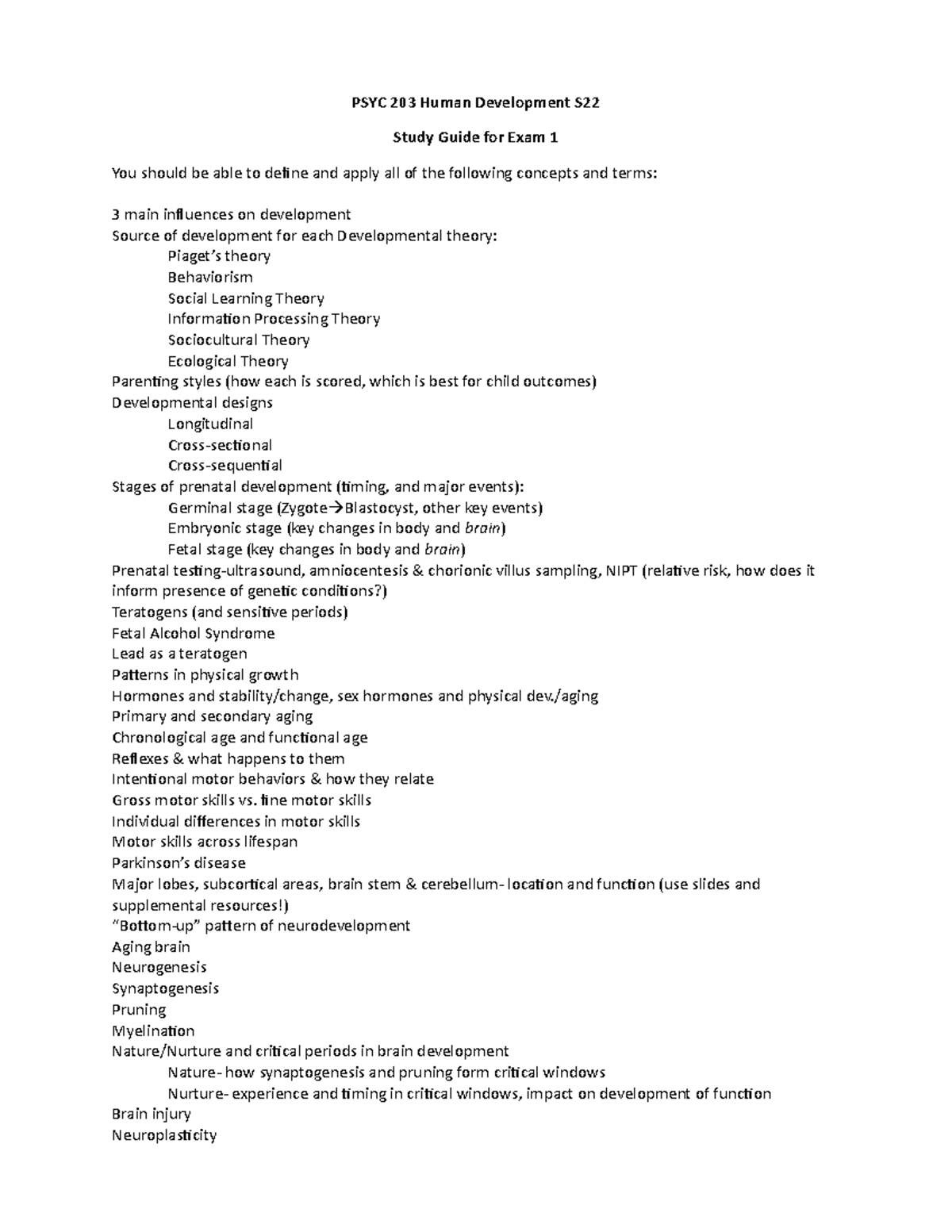 PSYC 203 Study Guide Exam 1 S22 - PSYC 203 Human Development S Study Guide for Exam 1 You should ...