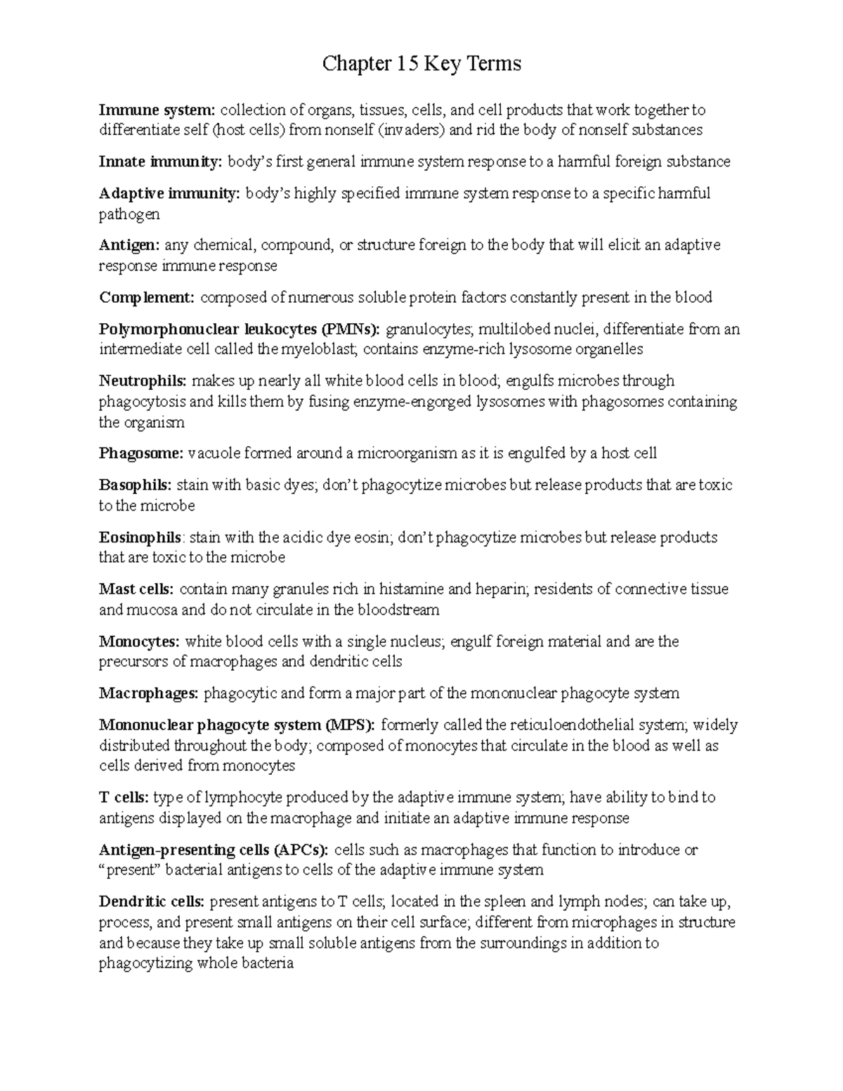 Chapter 15 Key Terms - Chapter 15 Key Terms Immune system: collection ...