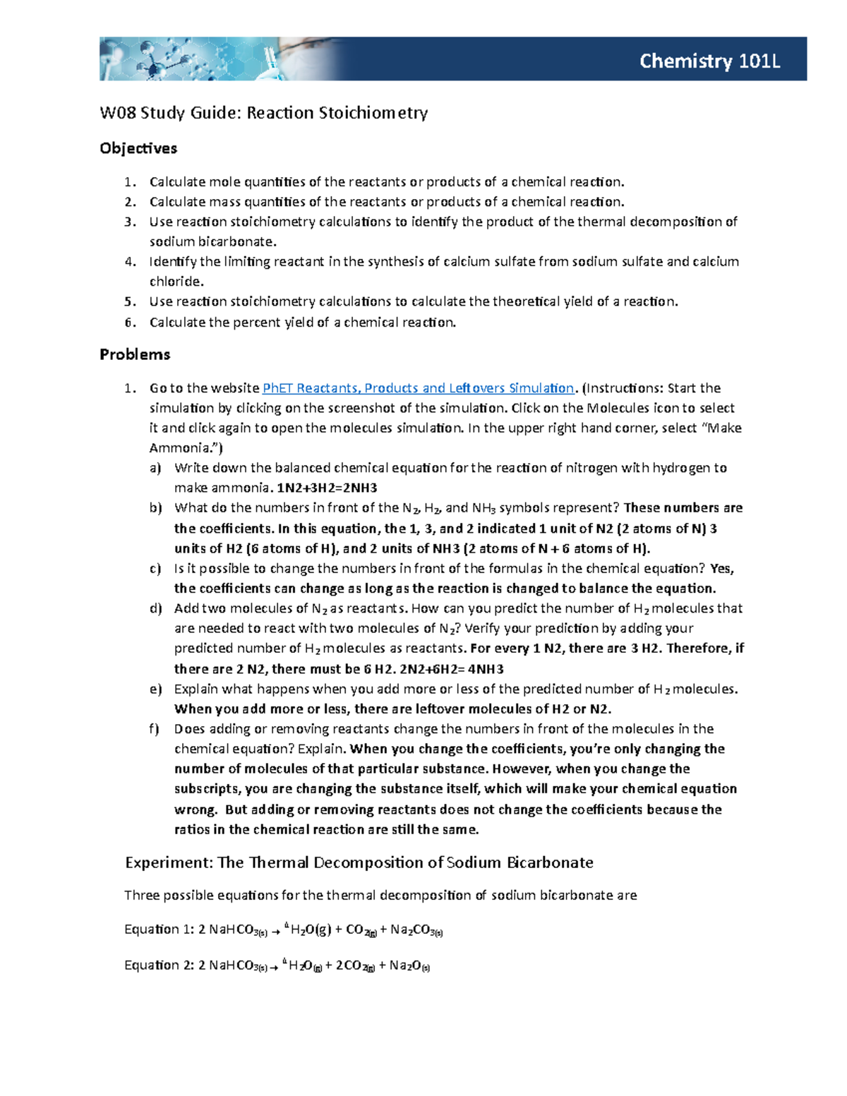 Chem101l document w08Study Guide Revised - W08 Study Guide: Reaction ...