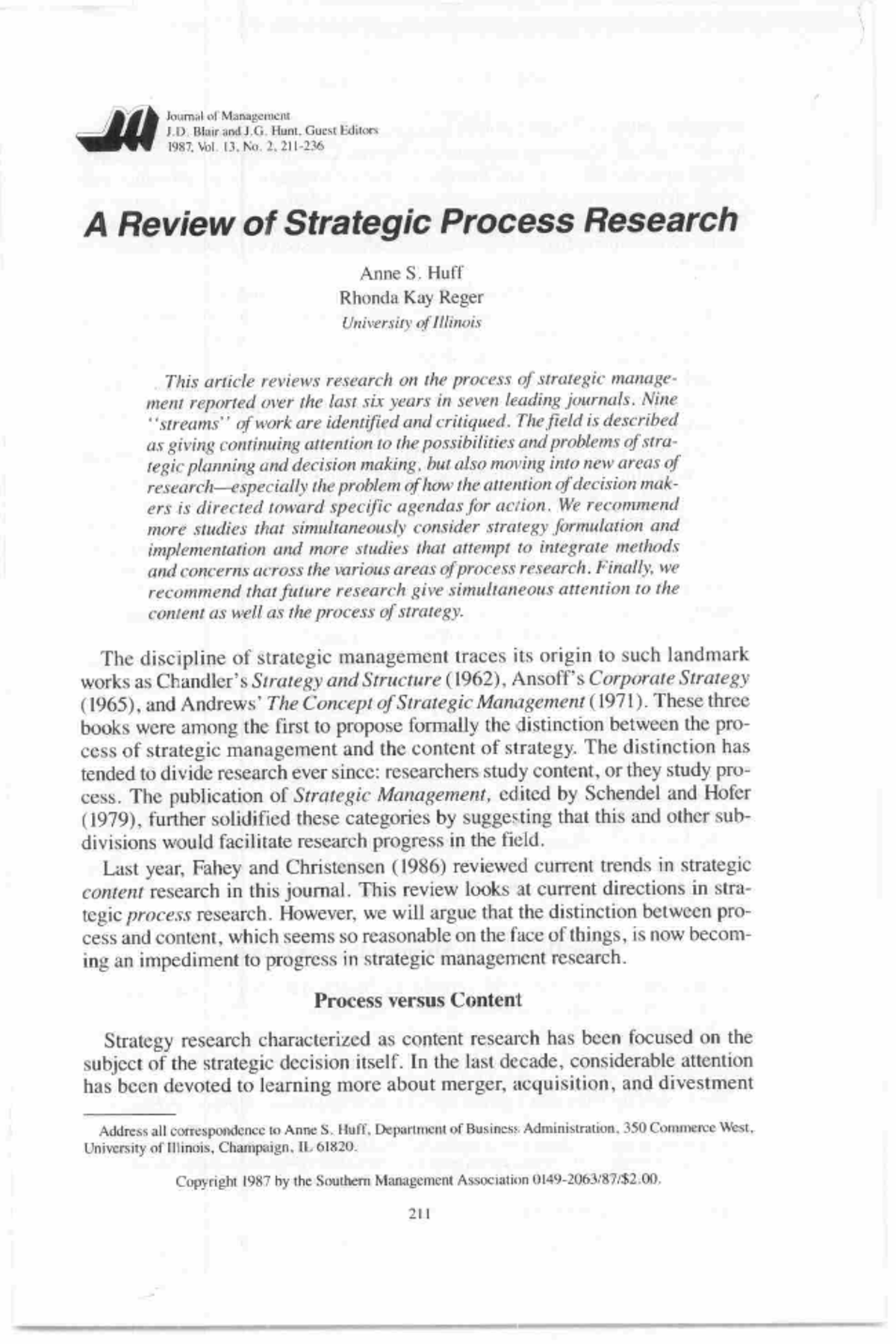 A Review of Strategic Process Research - Strategiec management - Studocu