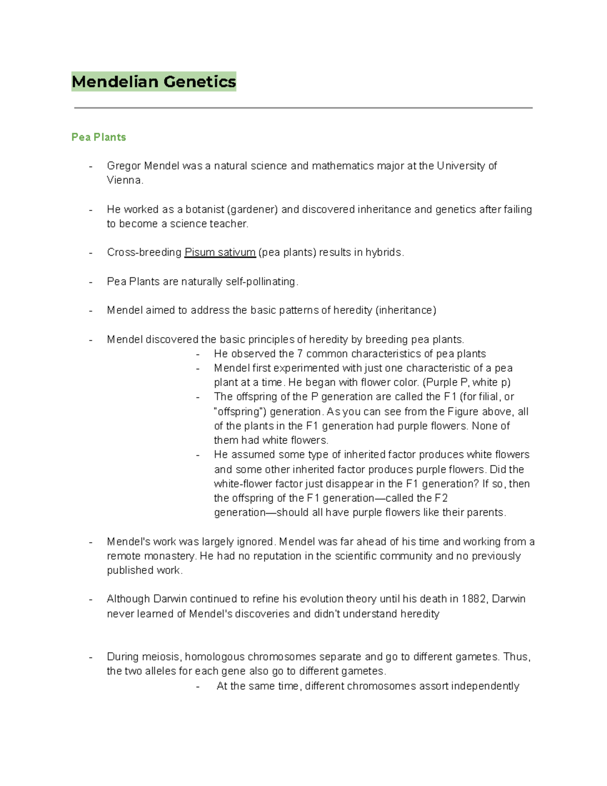 Mendelian Genetics notes 1 - Mendelian Genetics Pea Plants - Gregor ...