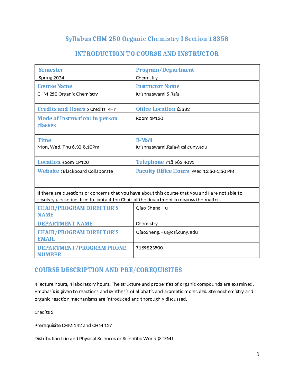 CHM 250 Spring 2024 Syllabus - Syllabus CHM 250 Organic Chemistry I ...