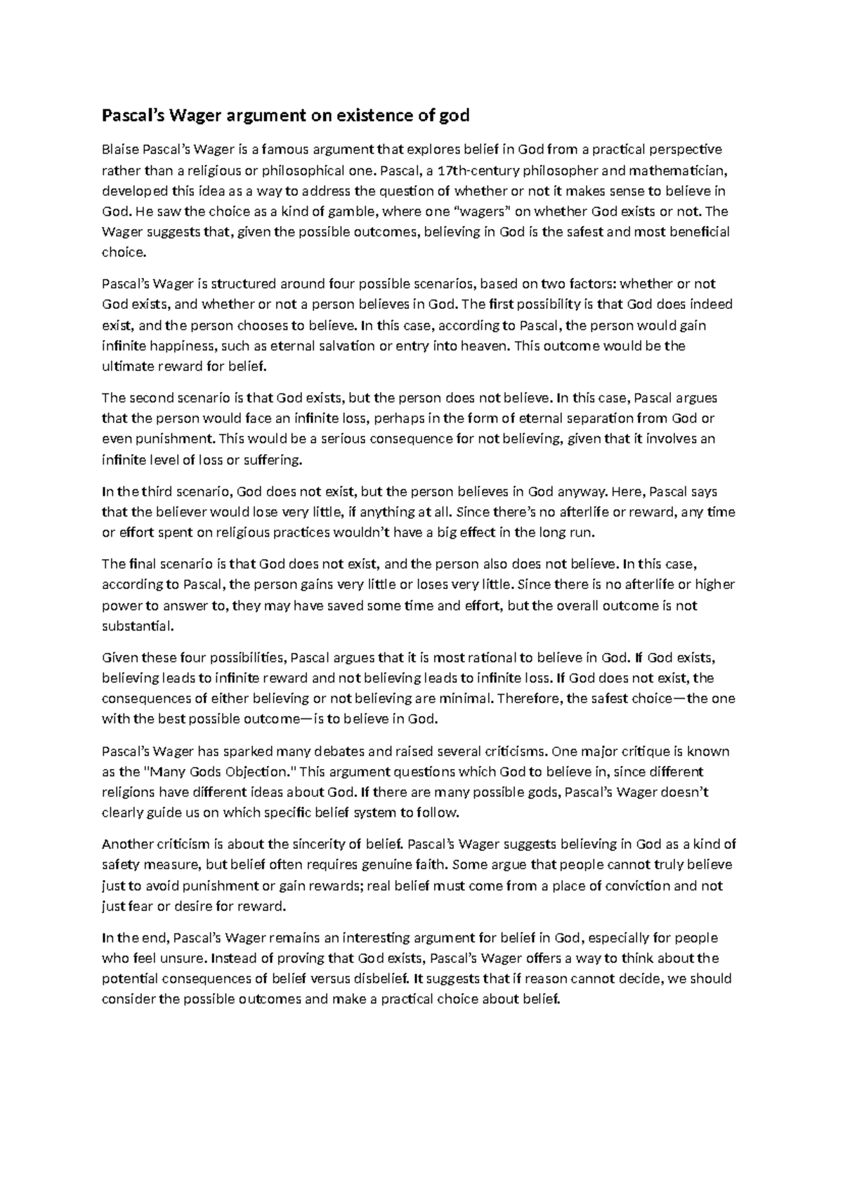 Pascal's Wager Arguement - Pascal’s Wager argument on existence of god ...