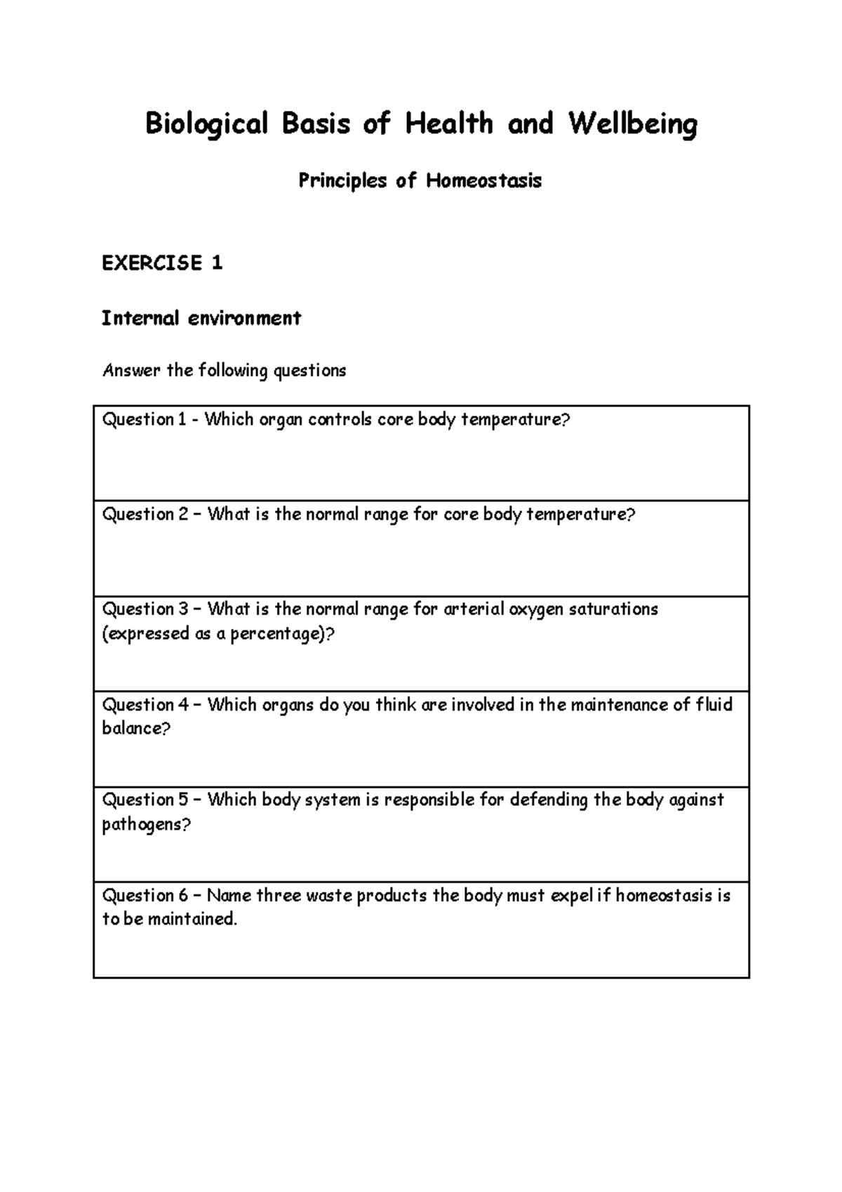 Homeostsis worksheet - Biological Basis of Health and Wellbeing ...