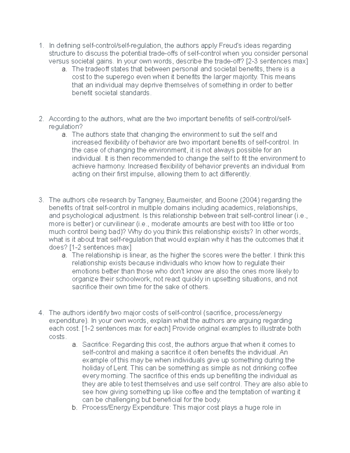 Psyc Mini Assignment - In defining self-control/self-regulation, the ...