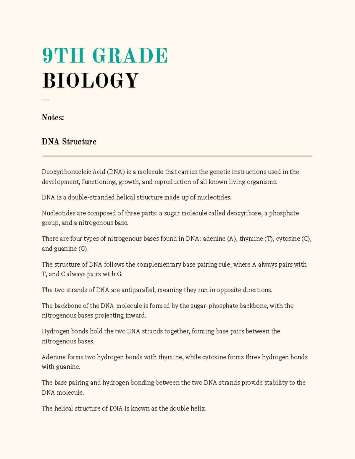 DNA Structure - 9TH GRADE BIOLOGY ___ Notes: DNA Structure ...