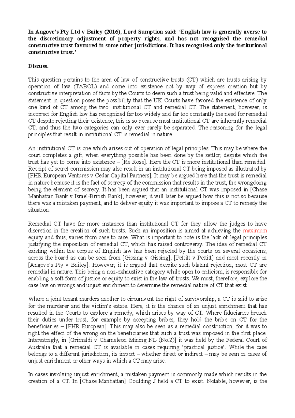 Constructive Trusts Question - In Angove’s Pty Ltd v Bailey (2016 ...