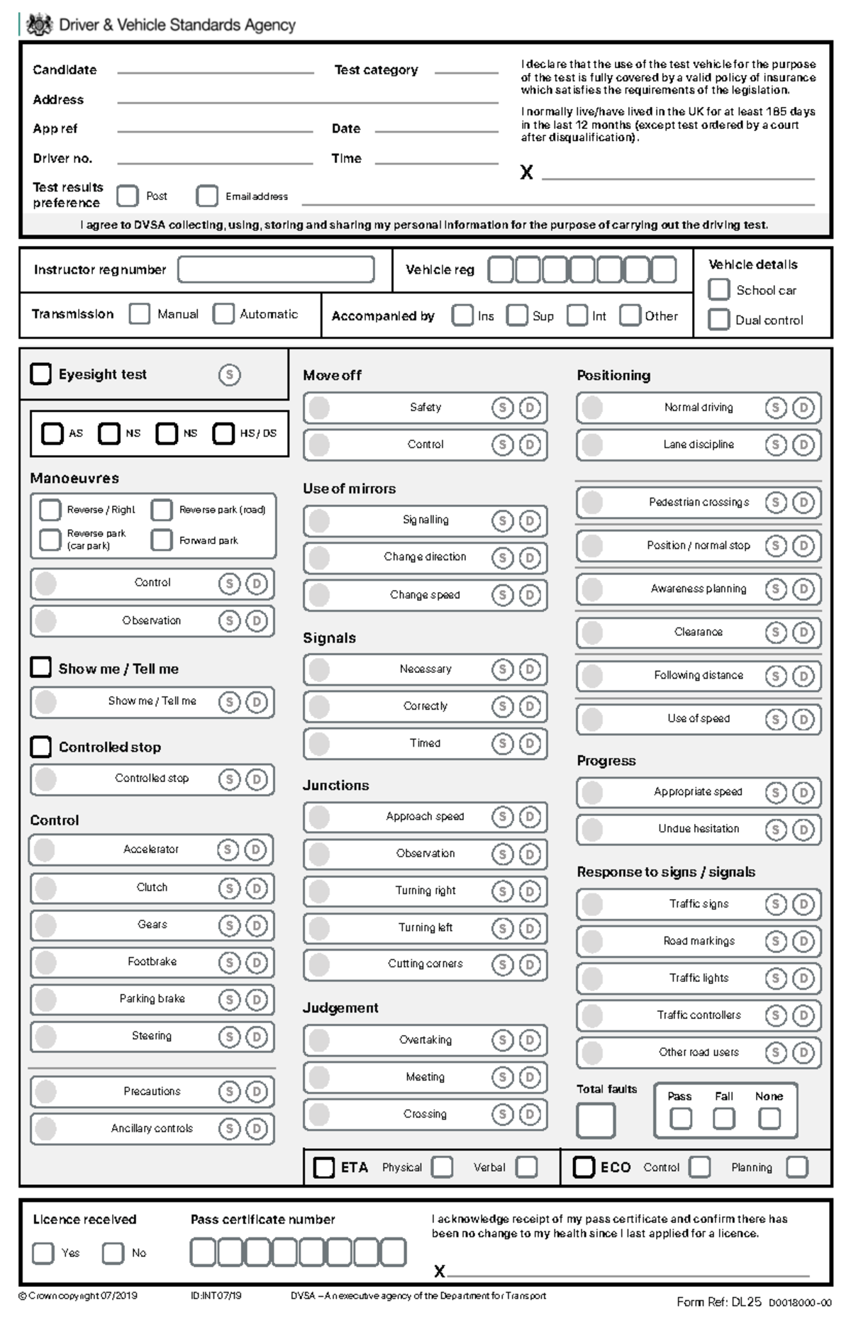 Dl25 driving test report - Instructor reg number Vehicle reg Eyesight ...