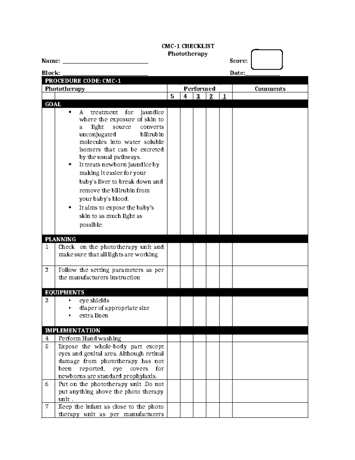 Phototherapy- Checklist - CMC-1 CHECKLIST Phototherapy Name