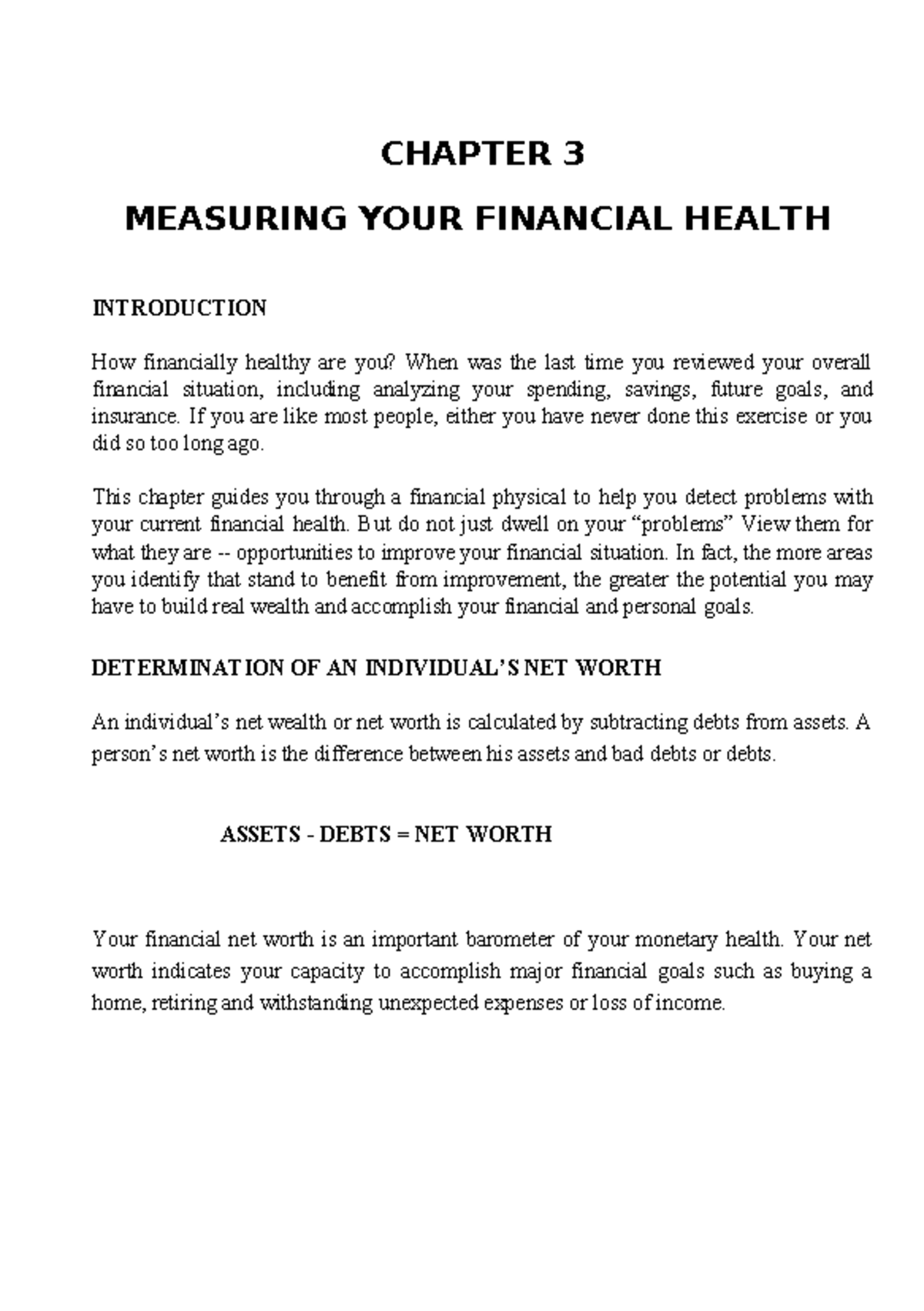 Personal Finance Chapter 3 by Cabrera - MEASURING YOUR FINANCIAL HEALTH ...